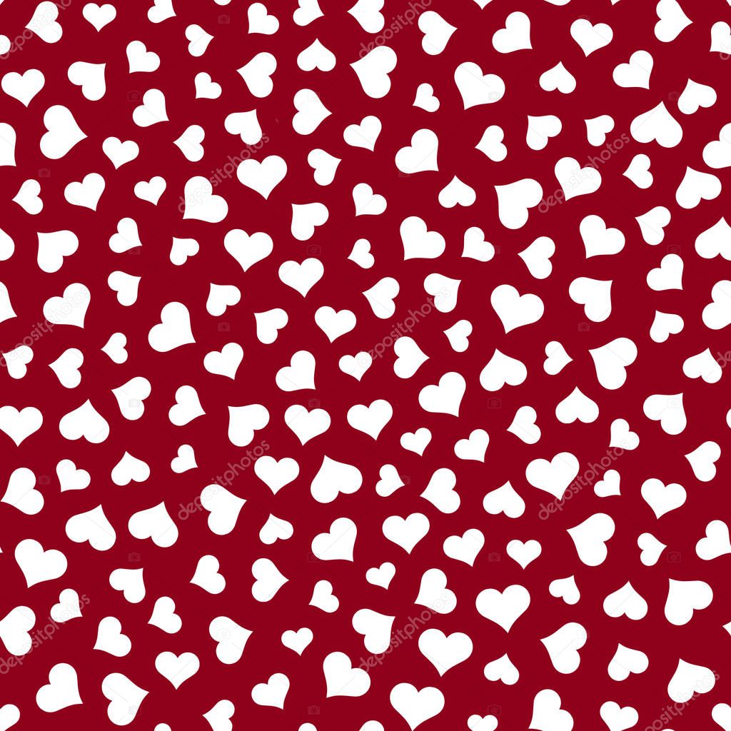 Patr n sin costuras de corazones blancos lanzados en varios tama os sobre fondo rojo. 2024