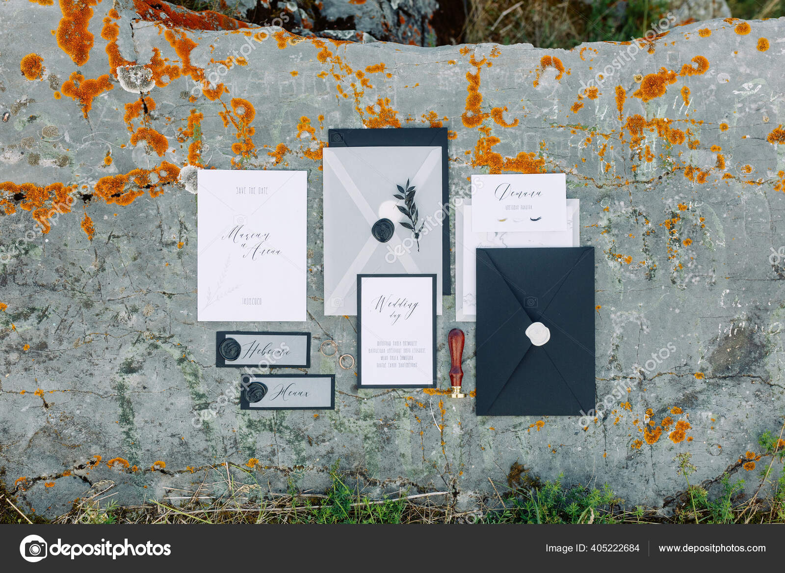 Wedding invitation cards and envelopes. Layout for text or photos ...