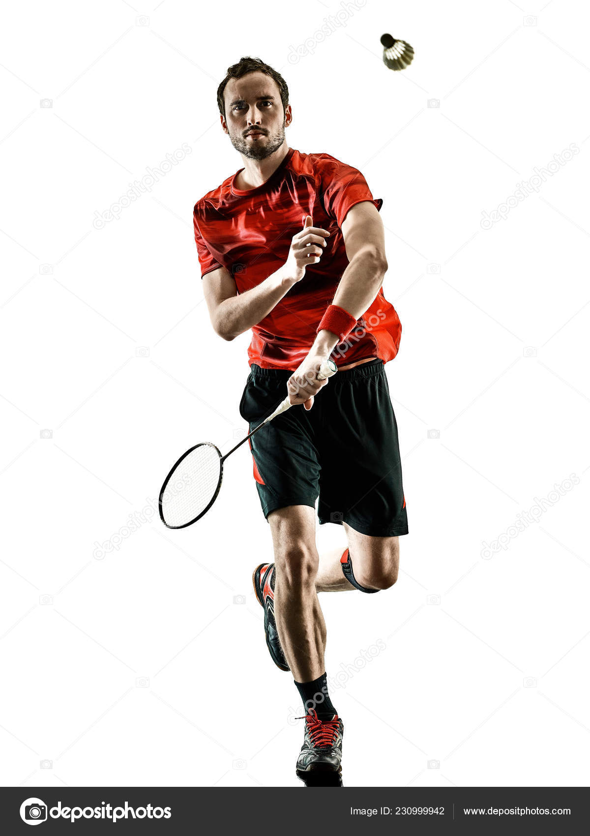 Badminton player man shadow silhouette isolated white backgroun Stock ...