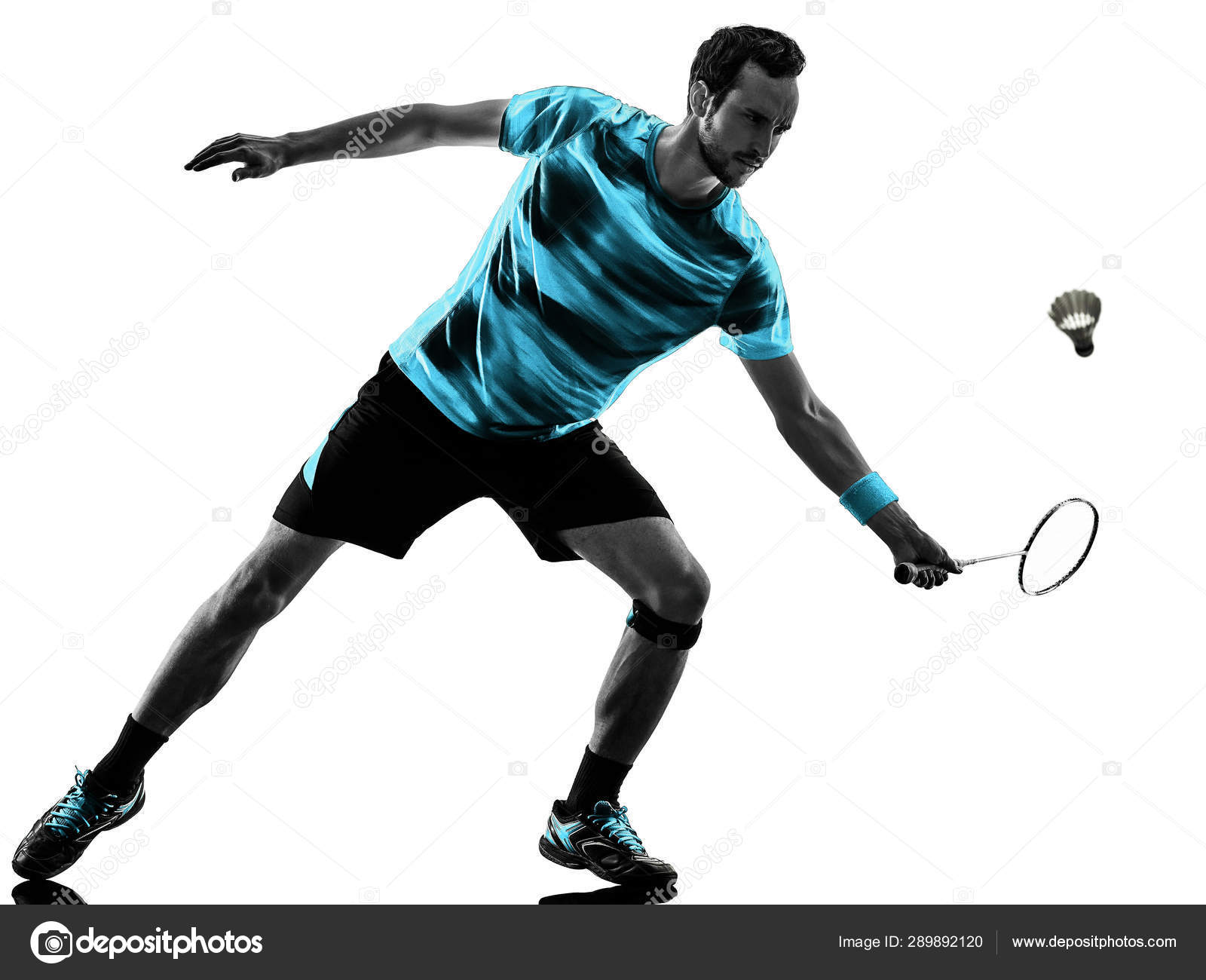 Badminton player man shadow silhouette isolated white background ...