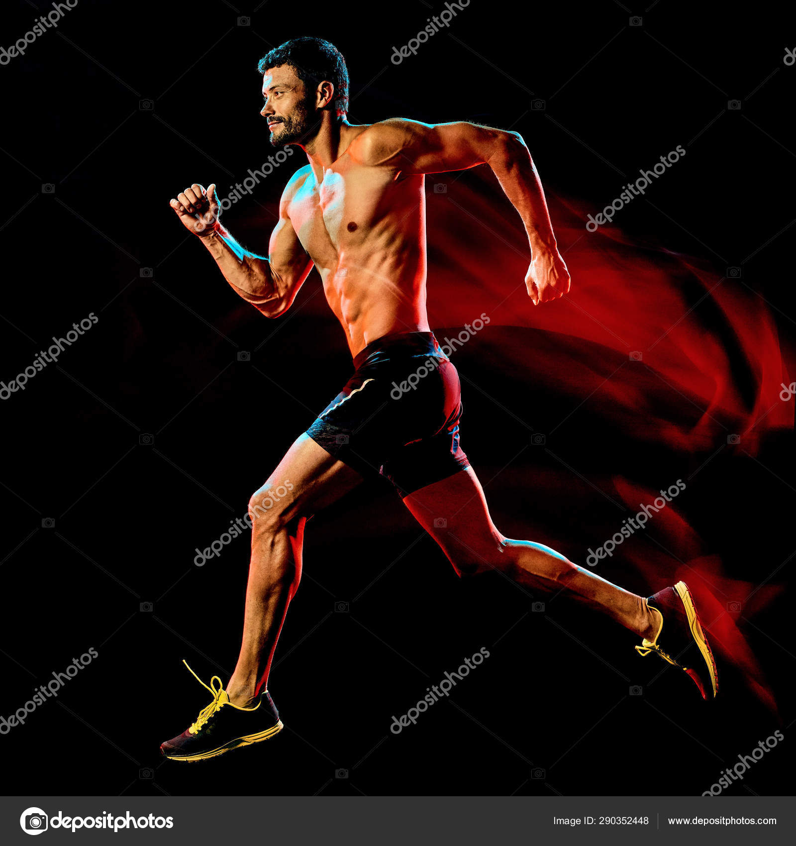 Topless muscular man runner. running jogger jogging isolated black ...