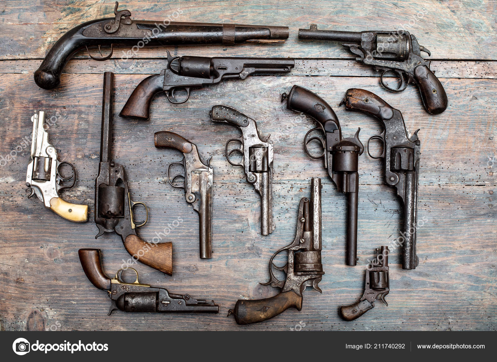 Armory Display Historic Guns Pistols Overhead View Vintage Wooden Table ...