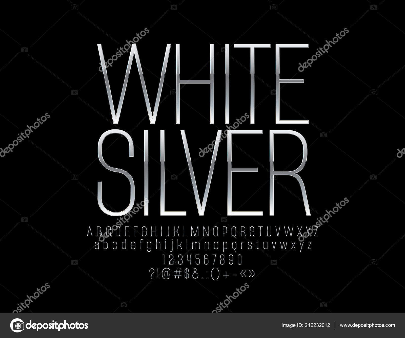 Vector White Silver Font Metallic Slim Alphabet Letters Numbers Symbols ...