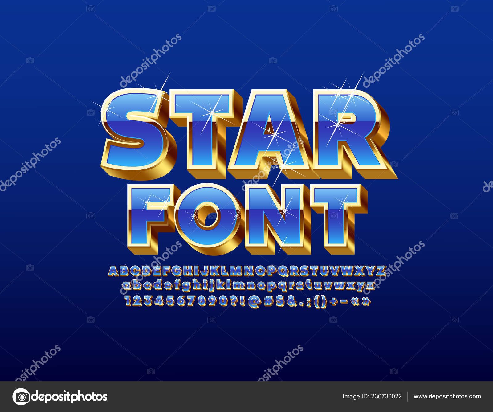 Blue Gold Font Sparkling Stars Set Chic Alphabet Letters Numbers Stock ...