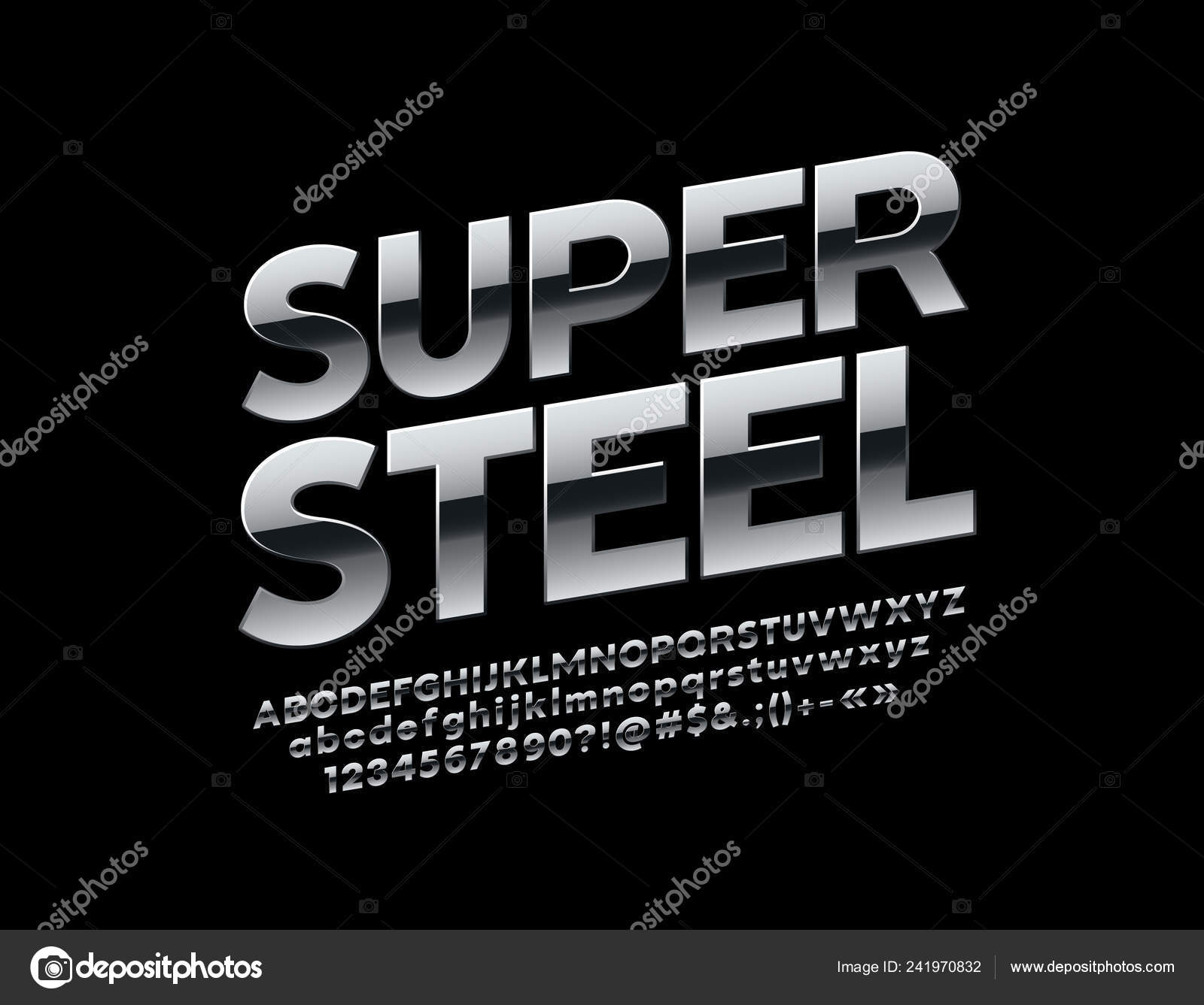 Vector Super Steel Font Rotated Silver Alphabet Letters Numbers Symbols ...