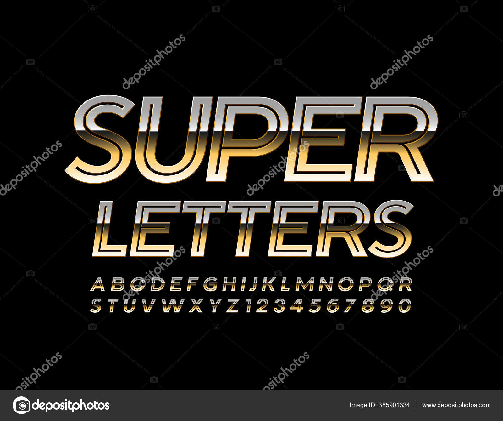 Vector Super Letras Números Del Alfabeto Dorado Brillante Chic Fuente ...