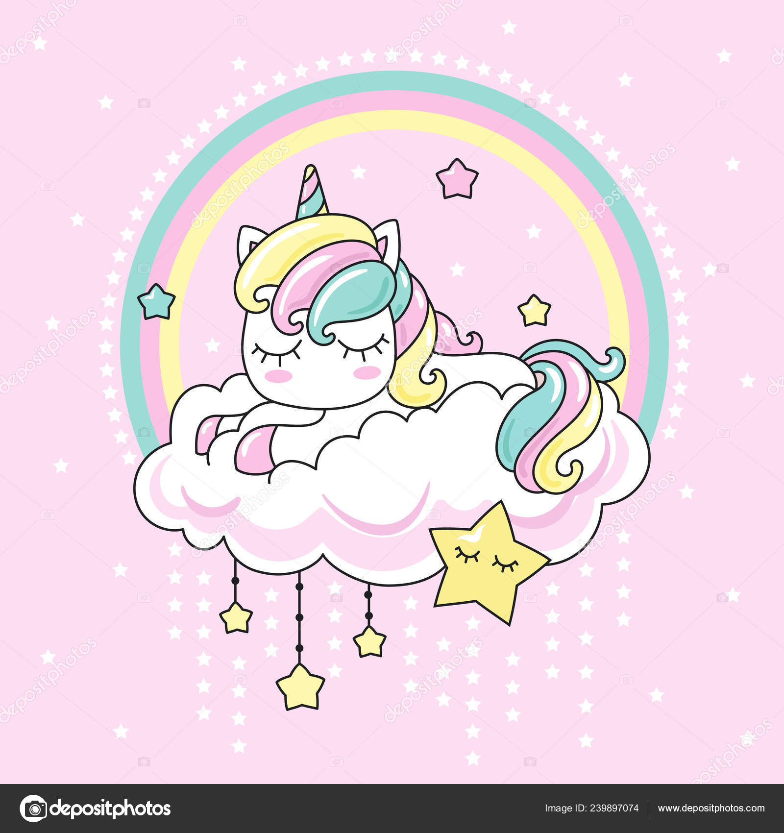Cute Kawai Rainbow Unicorn Sleeping Cloud Pink Background Design Prints ... Cute Kawai Rainbow Unicorn Sleeping Cloud Pink Background Design Prints ...