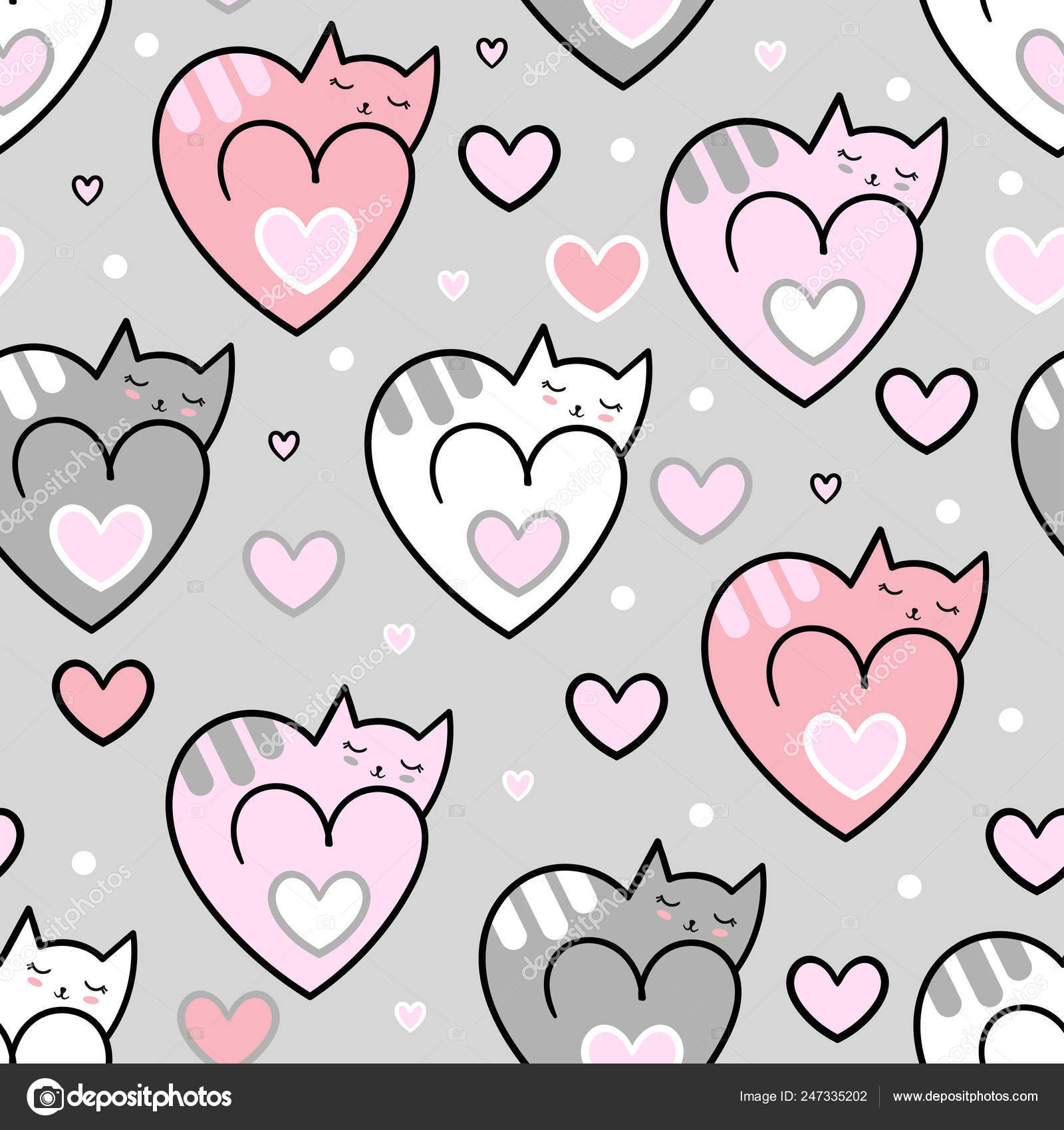 Seamless Pattern Cats Hearts Grey Background Fabric Design Wallpaper ...