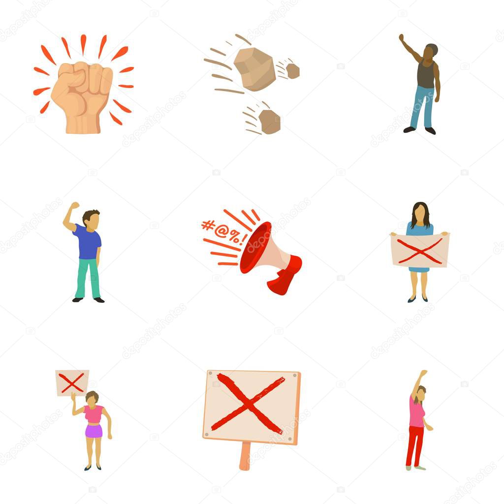 Conjunto de iconos de disturbios, estilo de dibujos animados 2023