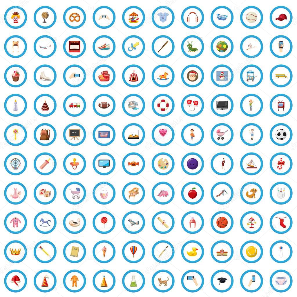 100 conjunto de iconos infantiles, estilo de dibujos animados 2024