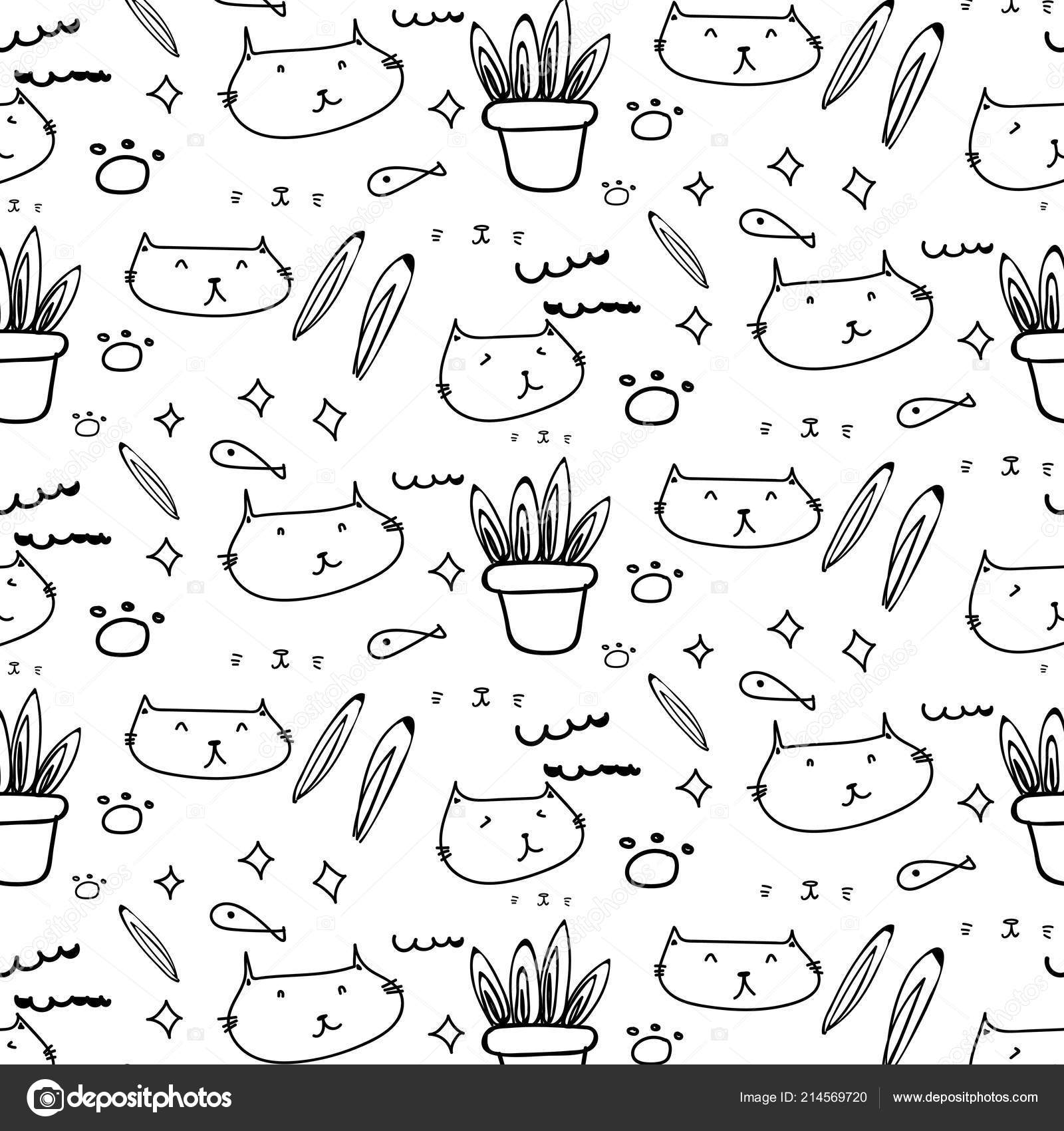 Cute Cat Doodle Pattern Background Vector Illustration Stock Vector by ...