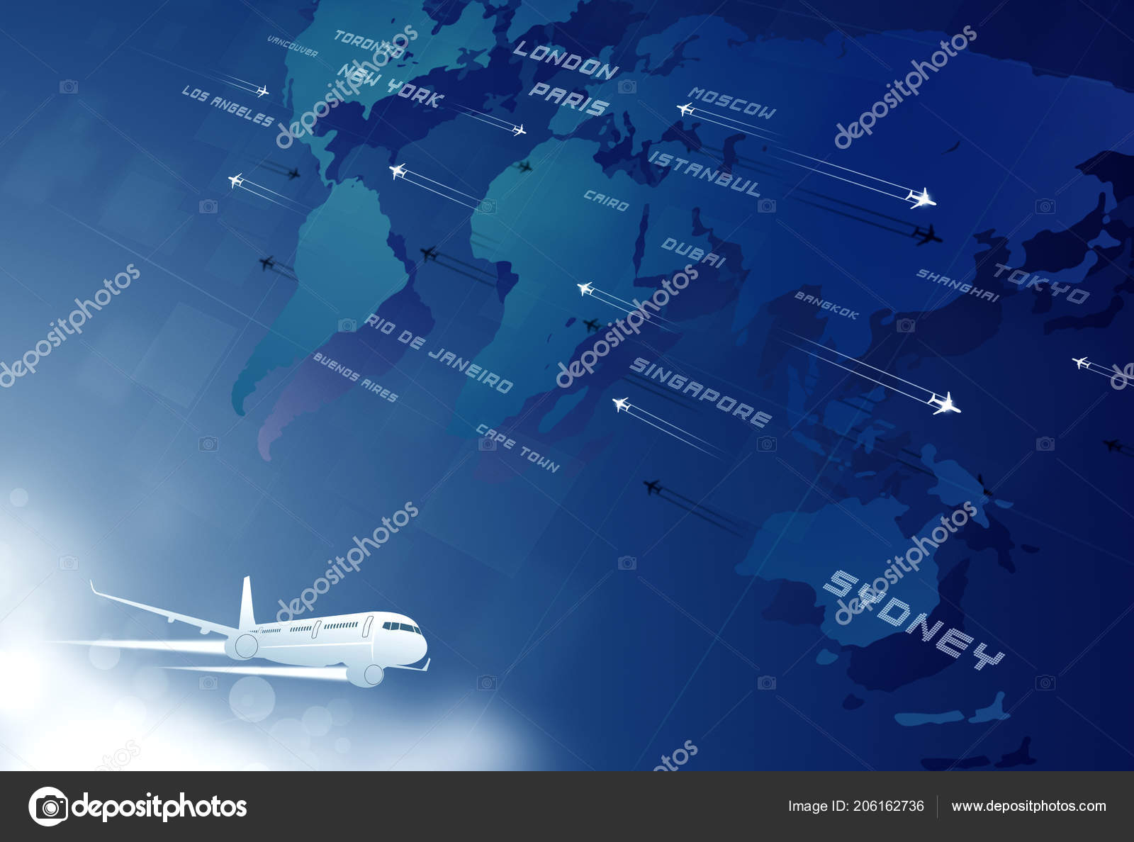 Aviation Background Many Planes Map Cities Names Stock Photo by ...