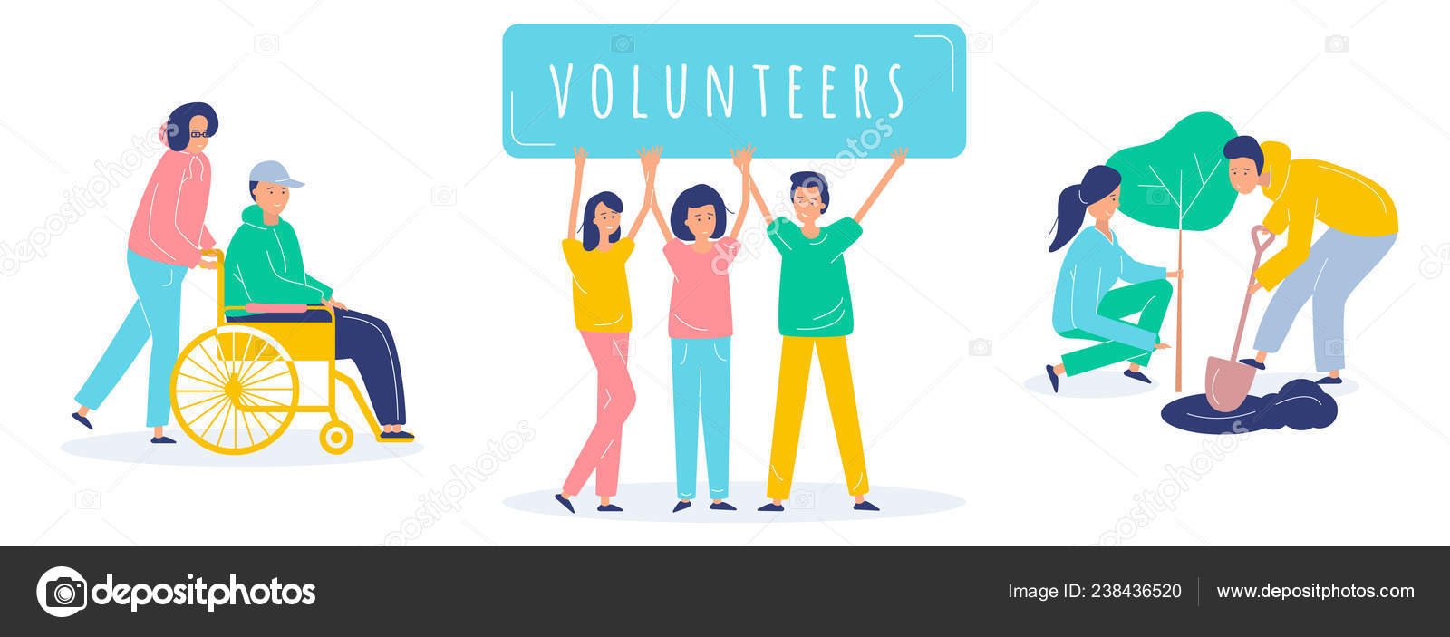 Set Volunteer People Who Help Others Landscaping Planet Vector Flat ...