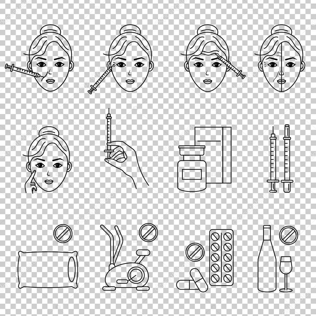 Icono de línea de inyección de belleza. Mujer, cara, jeringa médica ...