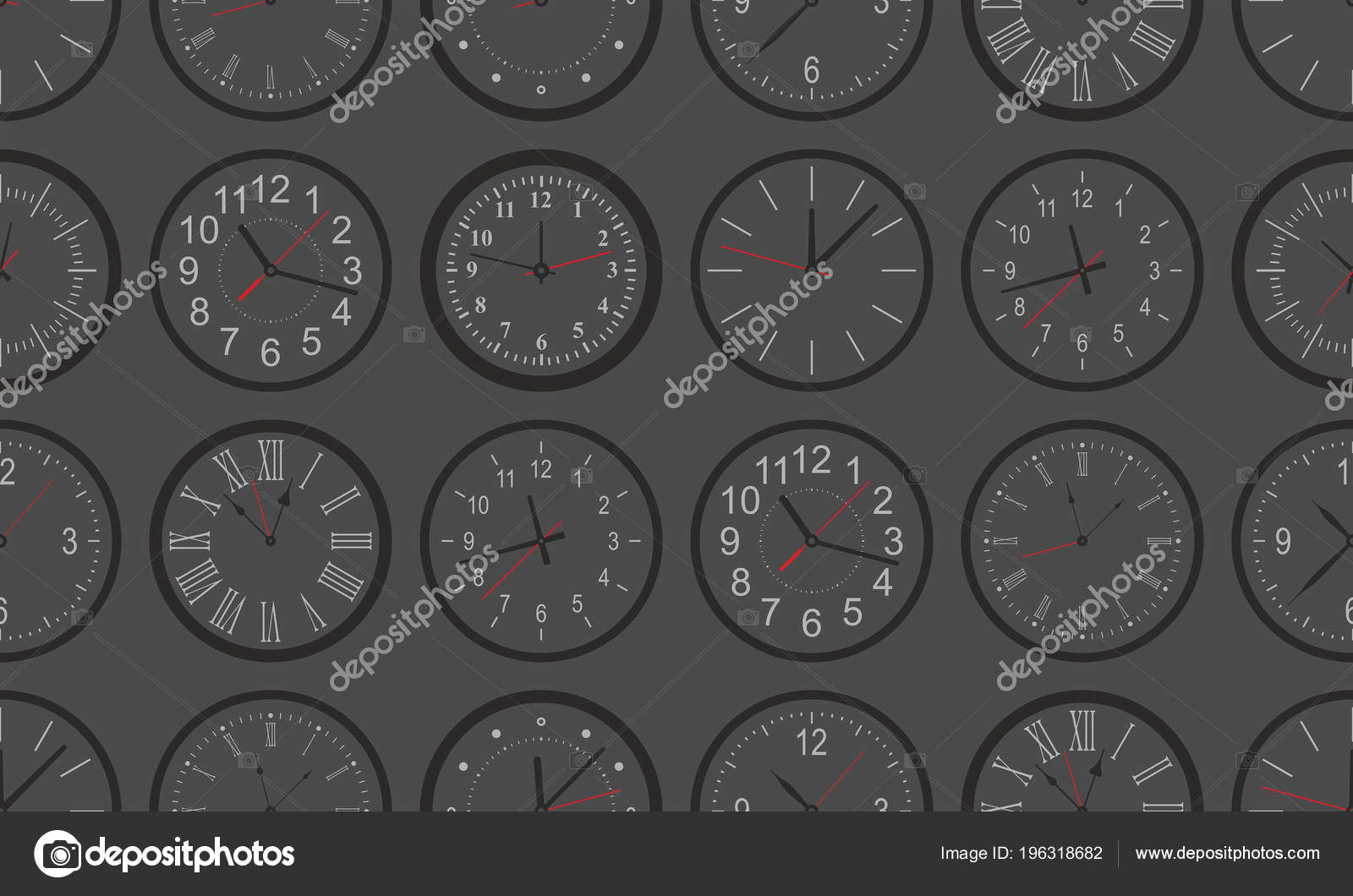 Seamless Pattern Black Wall Clock Flat Style Isolated Black Background ...