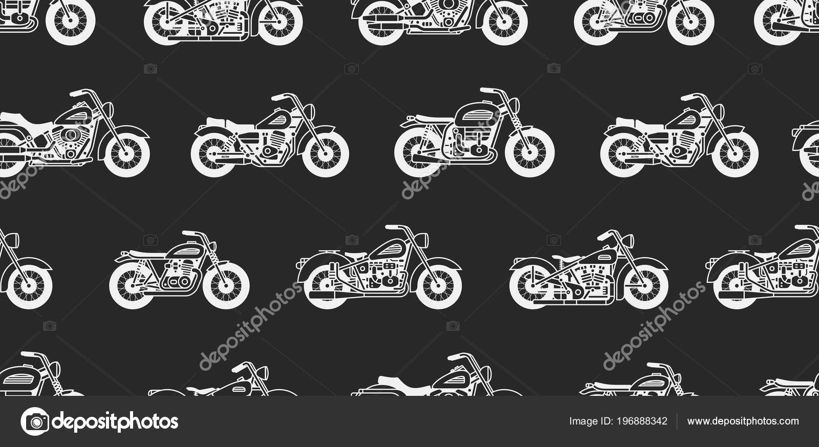 Seamless Pattern Vintage Motorcycles White Silhouettes Isolated Black ...