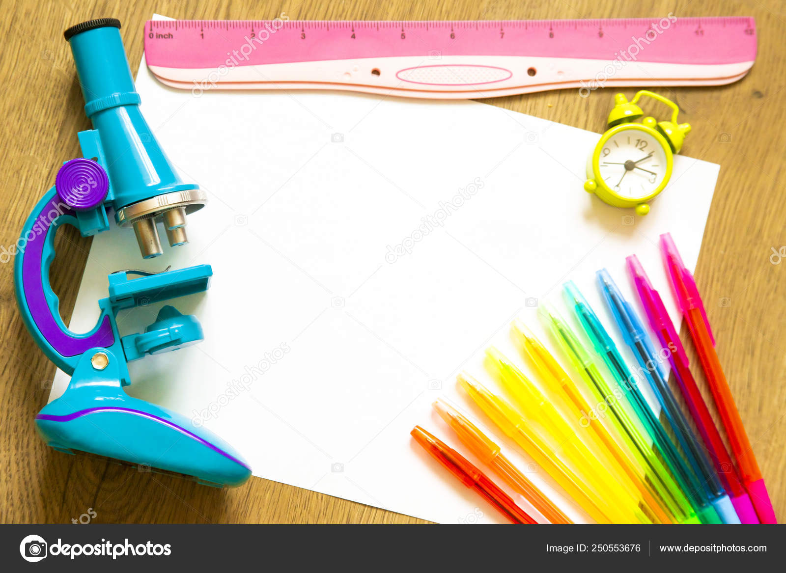 Microscope Multi Colored Pens Ruler Alarm Clock White Sheet Paper Stock ...