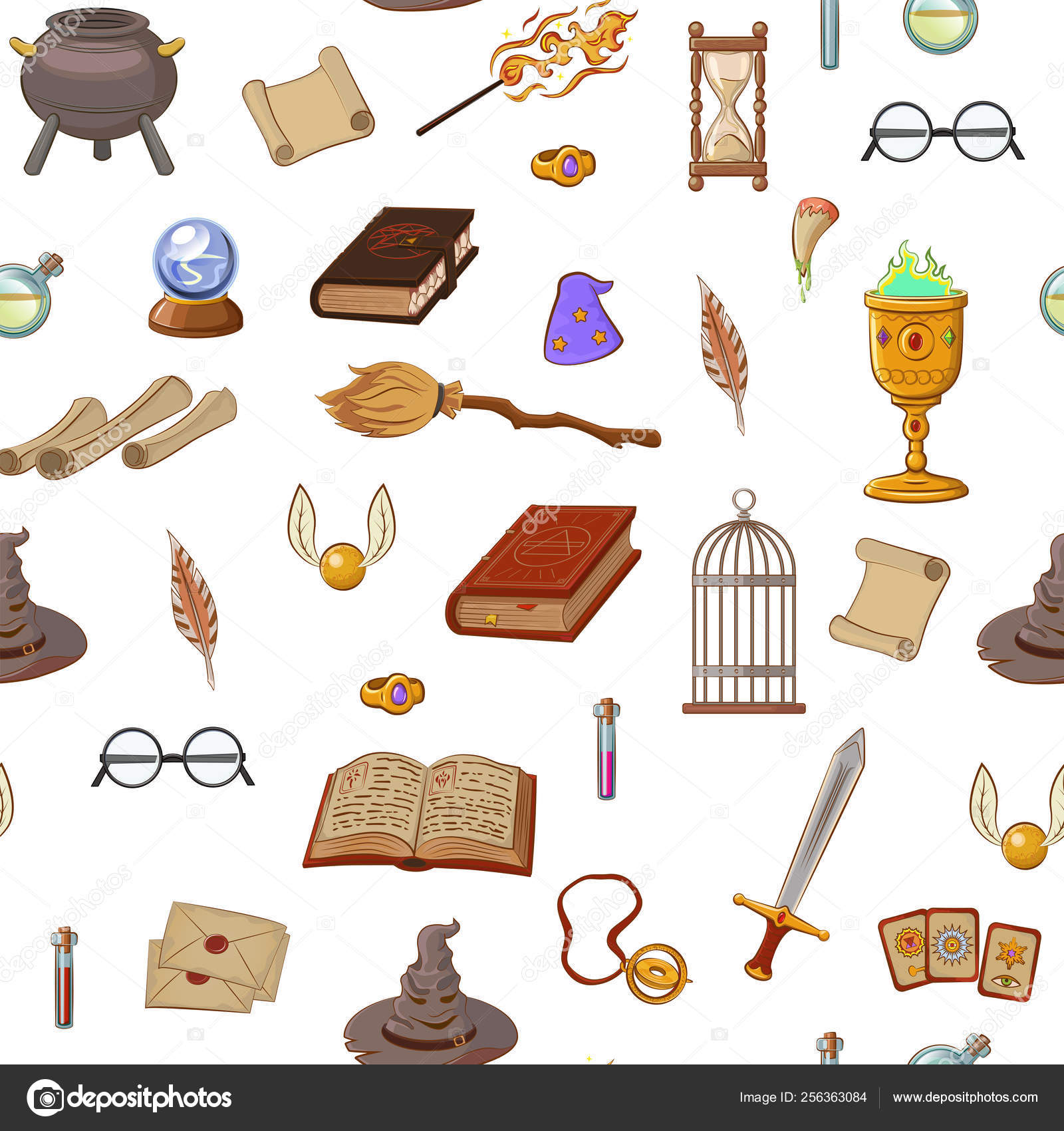 Magic pattern with: wizard, hat, magic book, roll, potion, broom ...