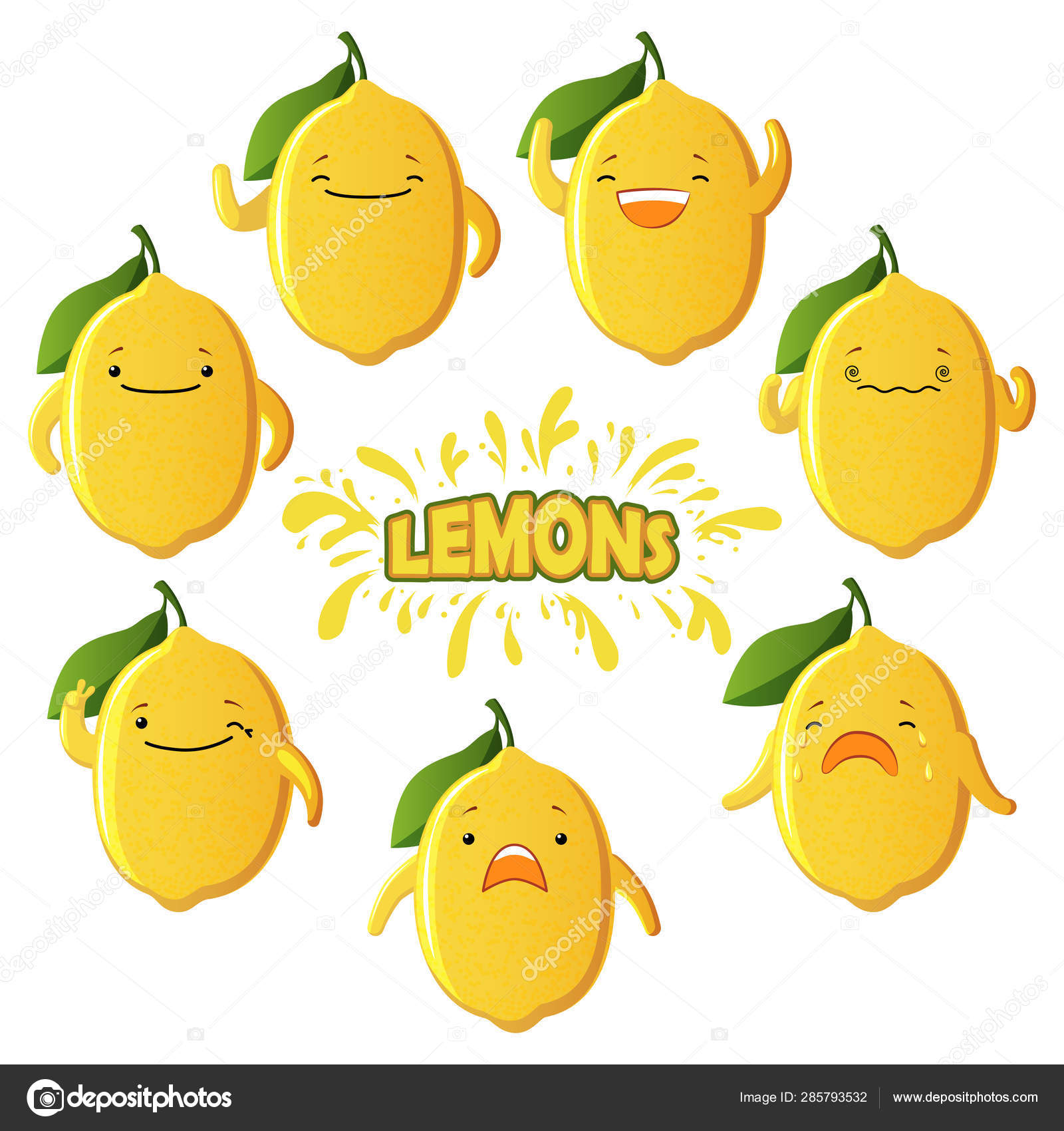 Set cut lemon characters. Cute fruit characters isolated on white ...