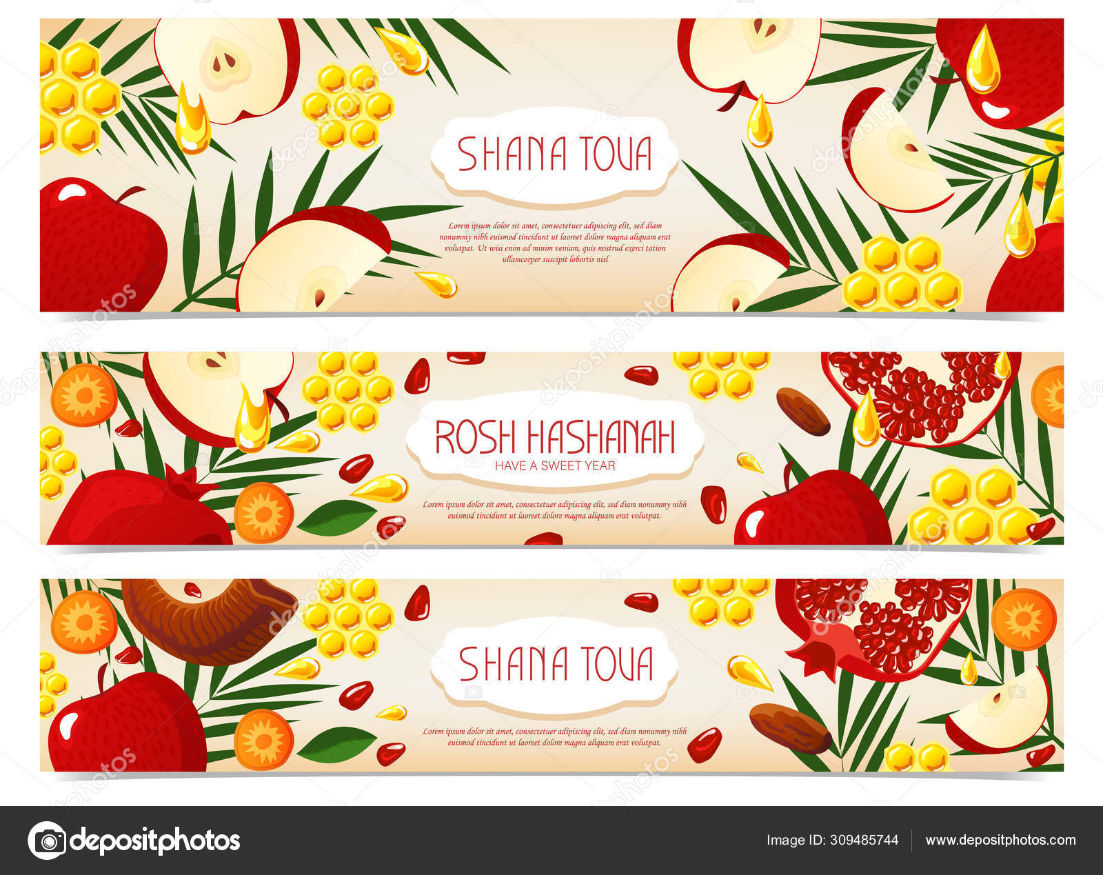 Shana Tova. Set of new year banners with honey, shofar, apple ...