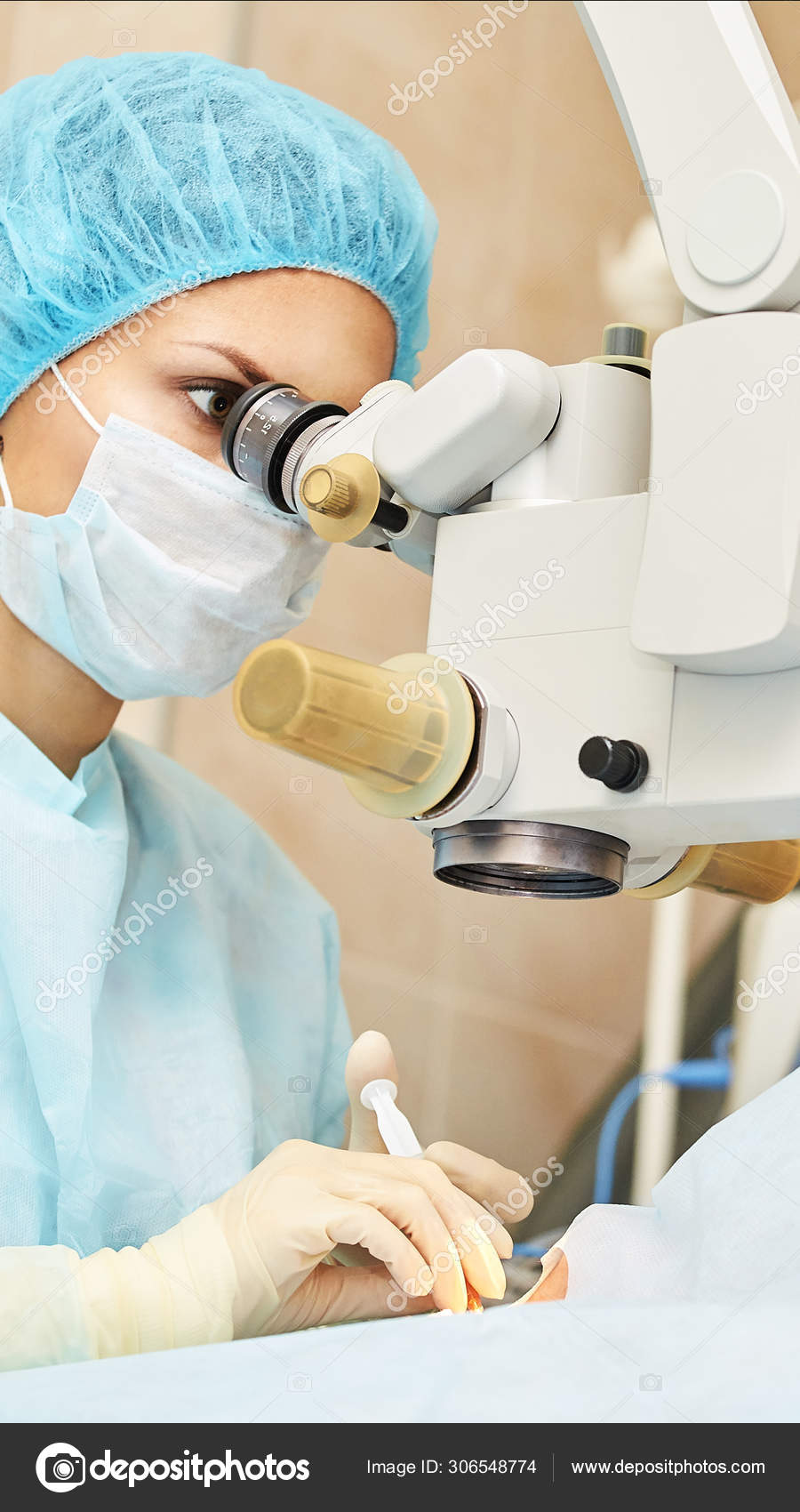 Ophthalmology laser microscope operation. Doctor in clinic. Patient eye ...