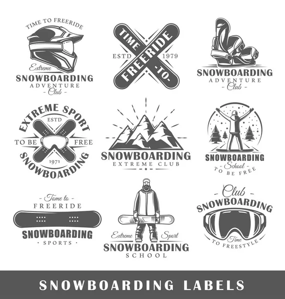 Conjunto vectorial de etiquetas de snowboard vintage. Plantillas para ...