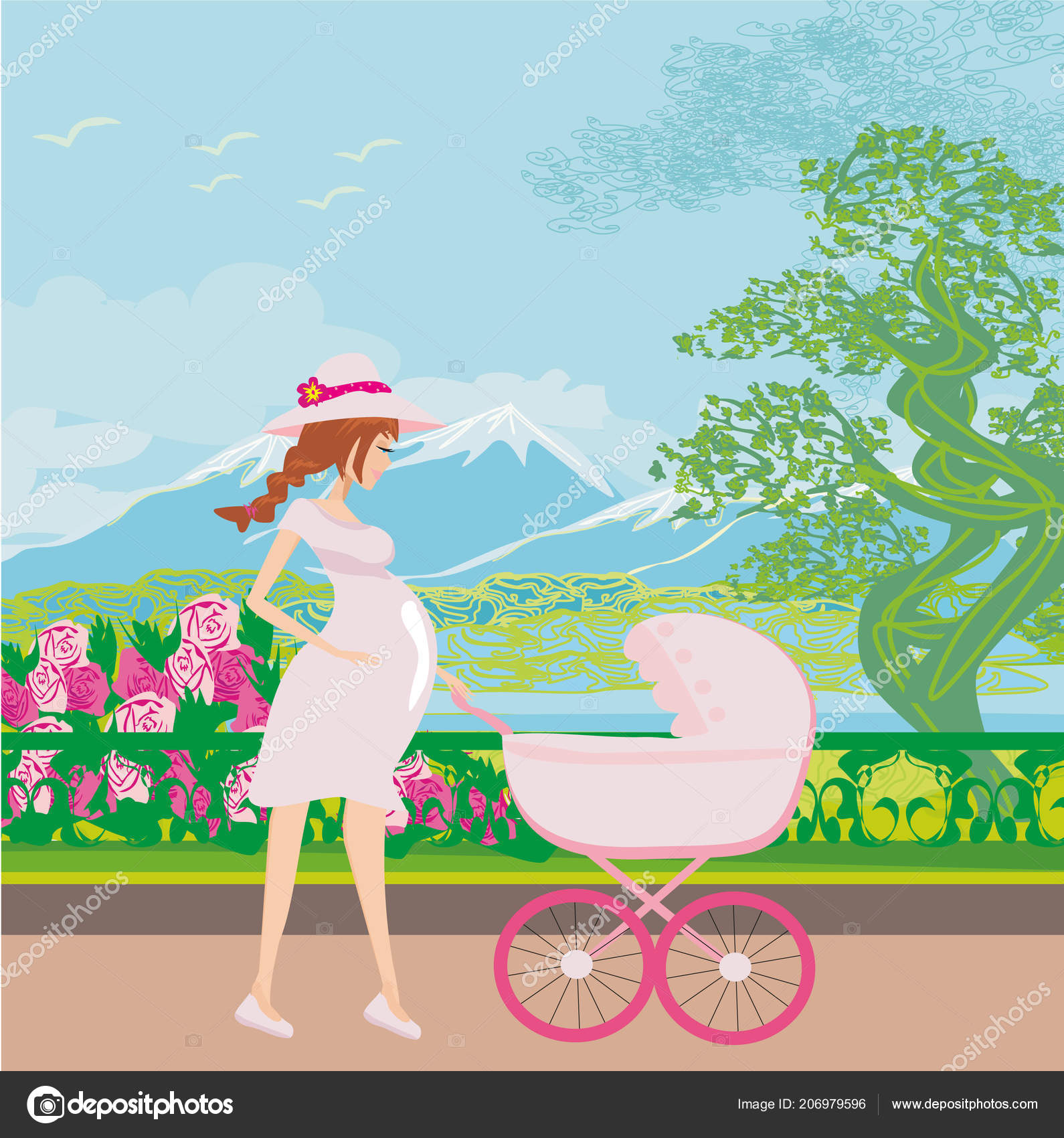Beautiful Pregnant Woman Pushing Stroller Her Daughter — Stock Vector