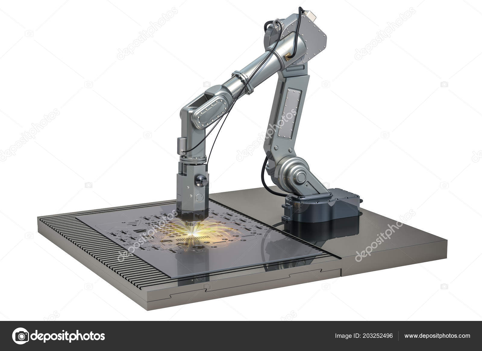 Laser Cutting Metal Sheet Robotic Arm Rendering — Stock Photo © alexlmx ...