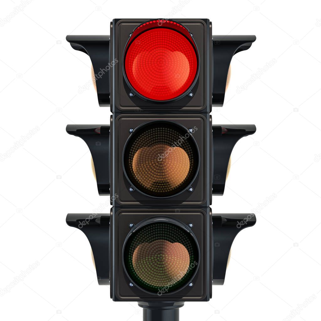 Semáforo con color rojo, representación 3D aislada sobre fondo blanco 2023
