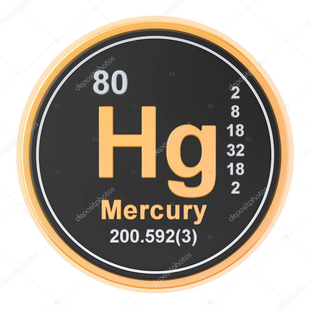 Mercurio Hg elemento químico. Renderizado 3D 2023