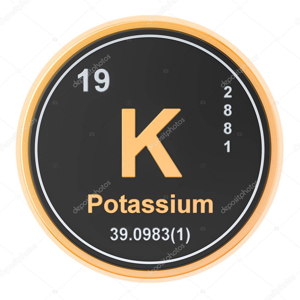 Potasio, elemento químico K. Renderizado 3D 2022