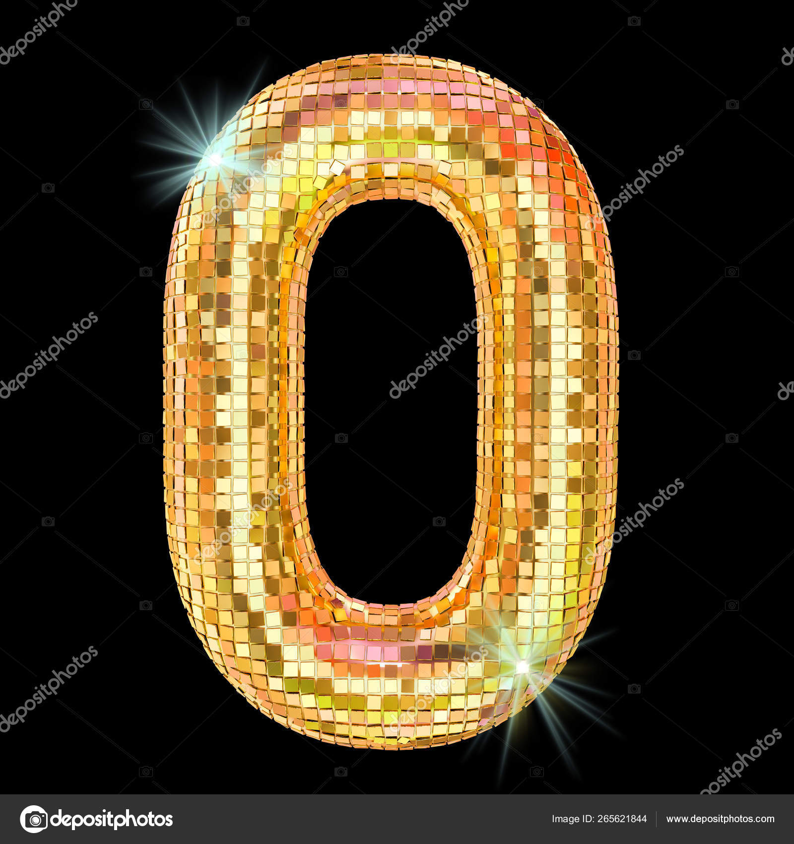 Disco font, number 0 from golden glitter mirror facets. 3D rende ...