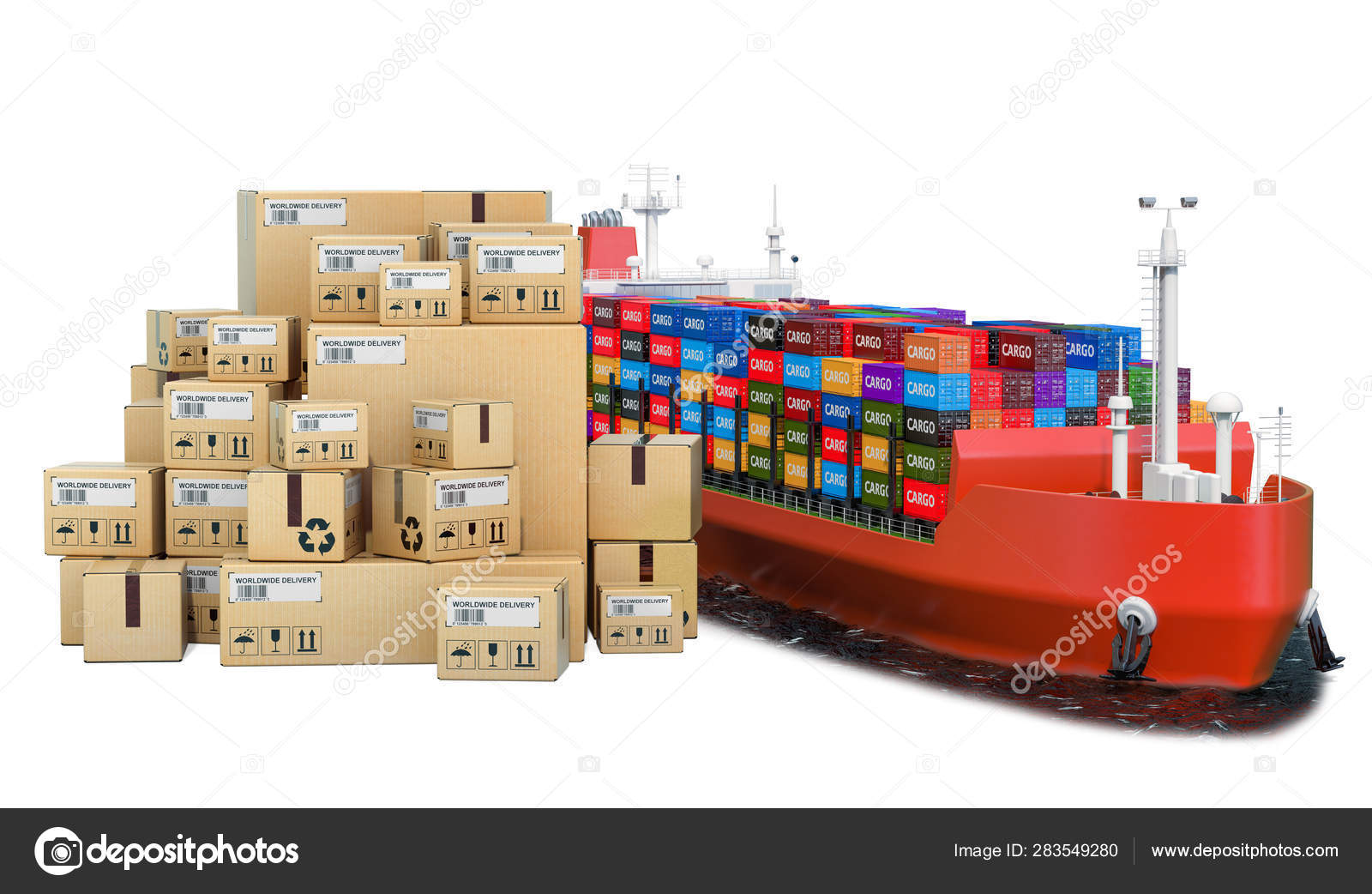 Cargo shipping concept. Cargo ship with parcels, 3D rendering — Stock ...