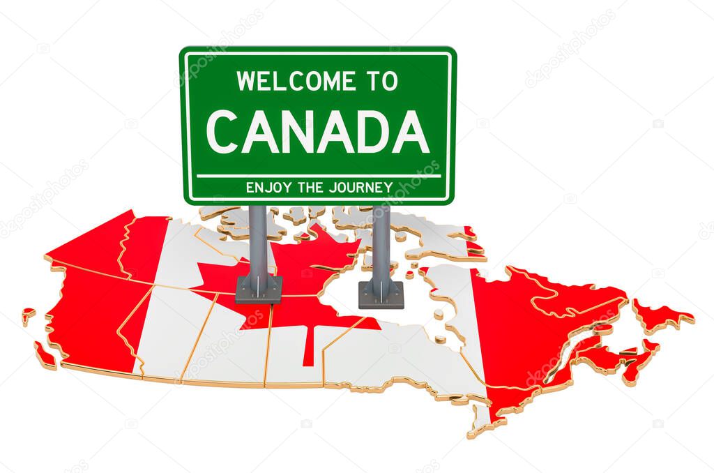 Billboard Bienvenido a Canadá en el mapa canadiense, renderizado en 3D ...