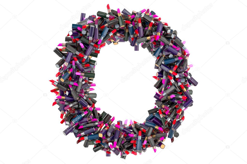 Letra O de lápices labiales de colores, representación 3D aislada sobre ...