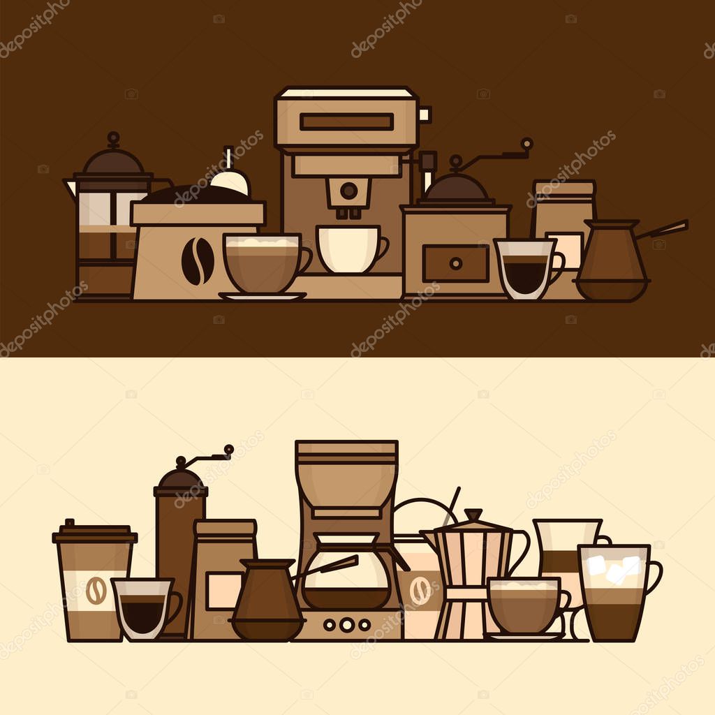 Objetos de café y equipo. Métodos de elaboración de taza y café ...