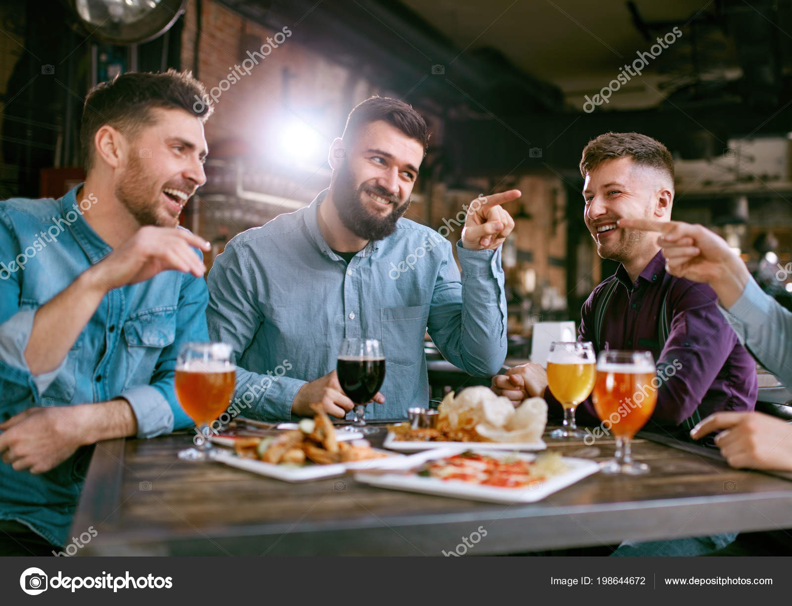 Men Pub Drinking Beer Eating Food Friends Having Dinner High — Stock ...