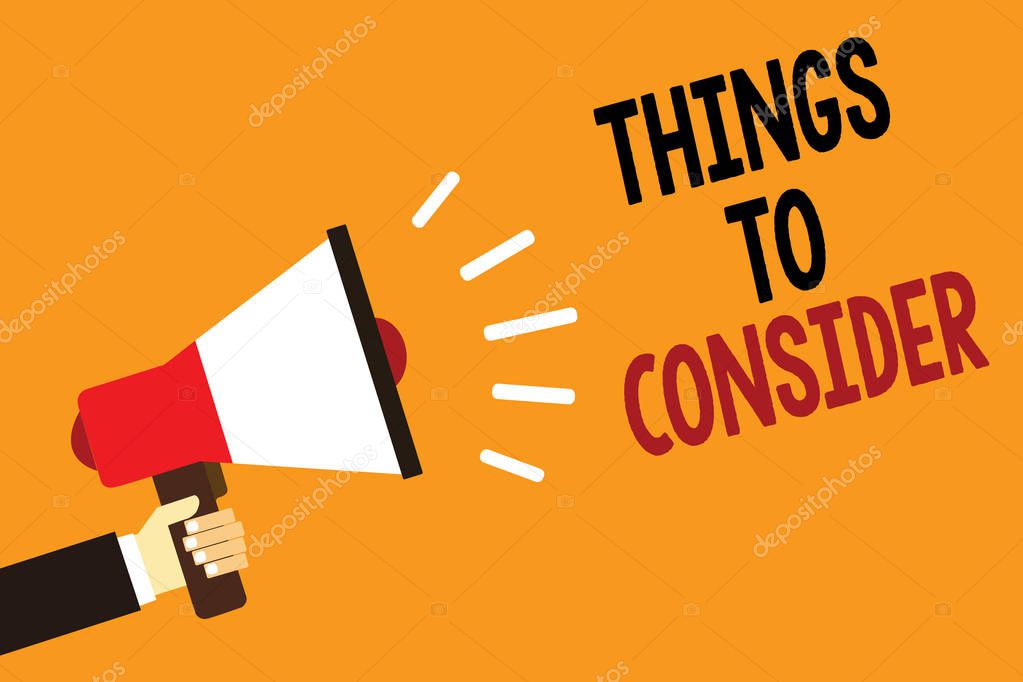 Texto de escritura a mano Cosas a considerar. Concepto de la lista de ...