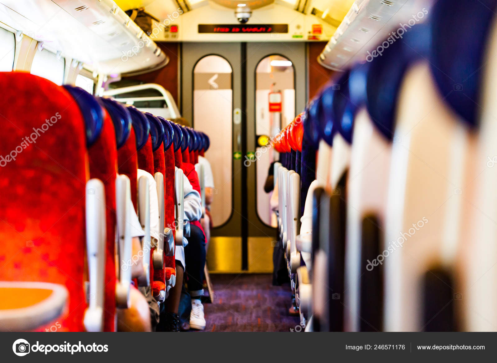 Inside the fast metro train. Focus on a seats. Shallow focus with ...