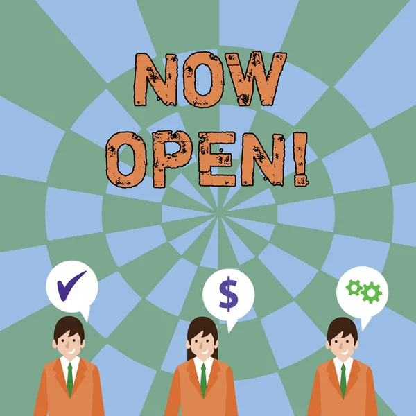 Text sign showing Now Open. Conceptual photo leave door or windows not ...