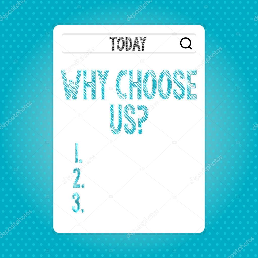 Texto de escritura de palabras Por qué elegirnos Pregunta. Concepto de negocio para la lista de ...