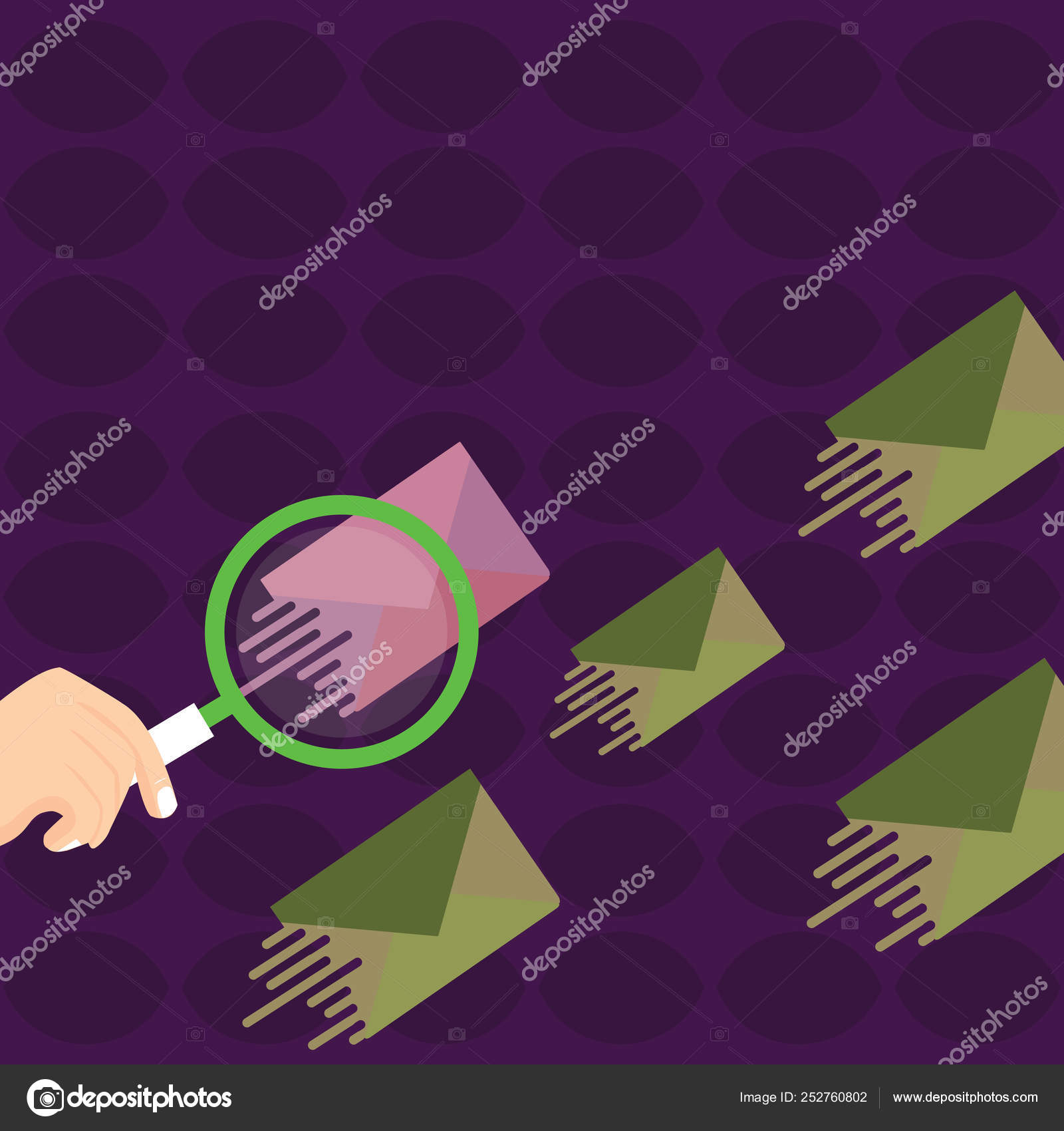 Hand Holding Magnifying Glass Over One Envelope in Different Color ...