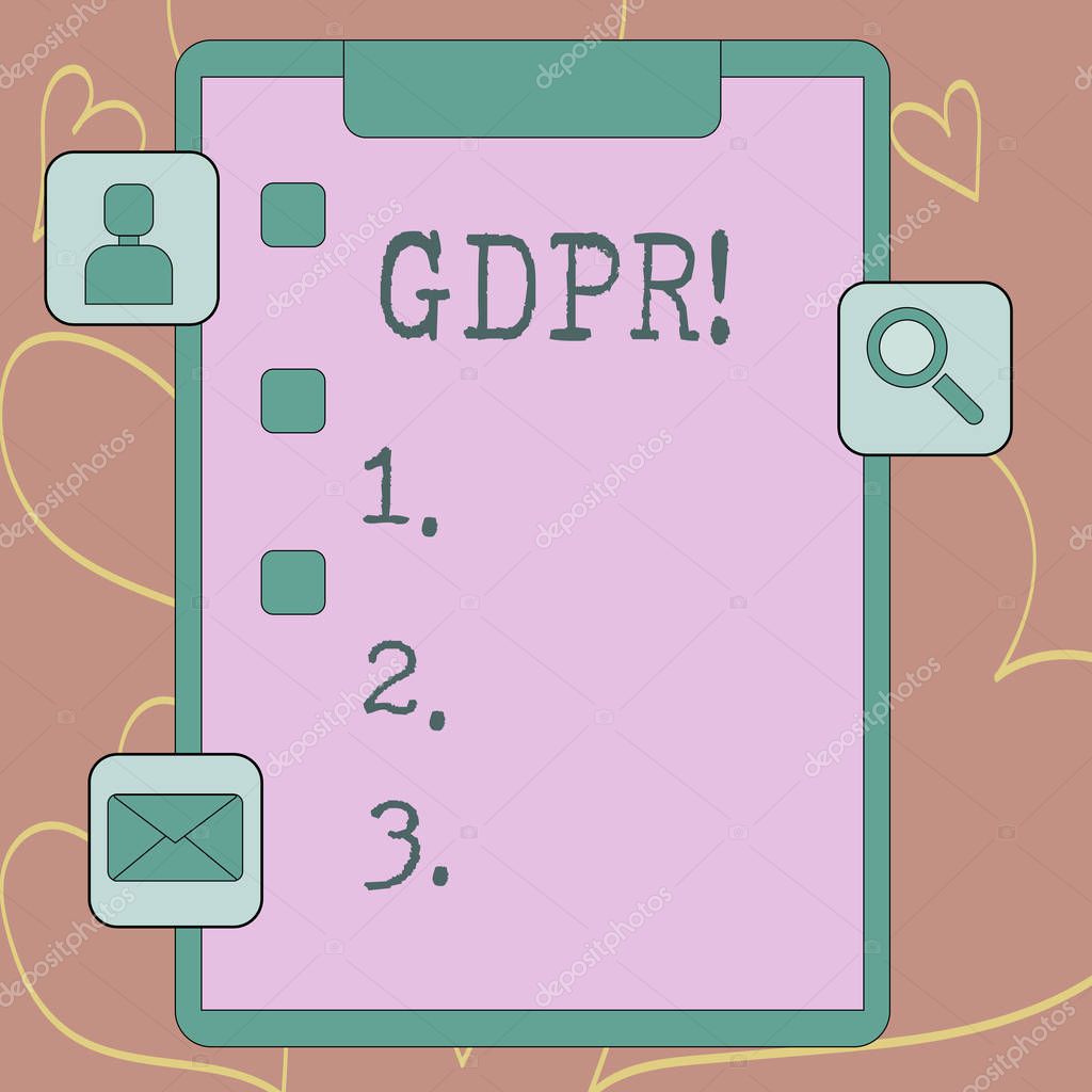 Nota de escritura que muestra Gdpr. Exhibición de fotos de negocios ...