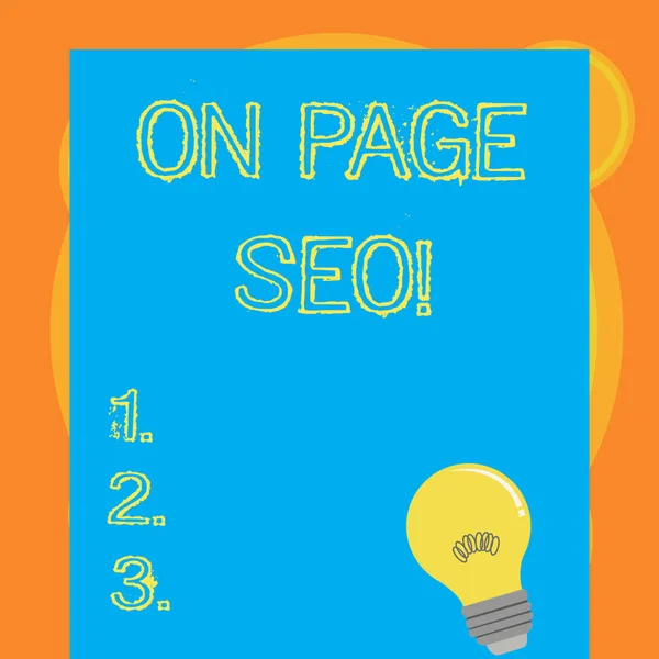 Writing note showing On Page Seo. Business photo showcasing measures ...