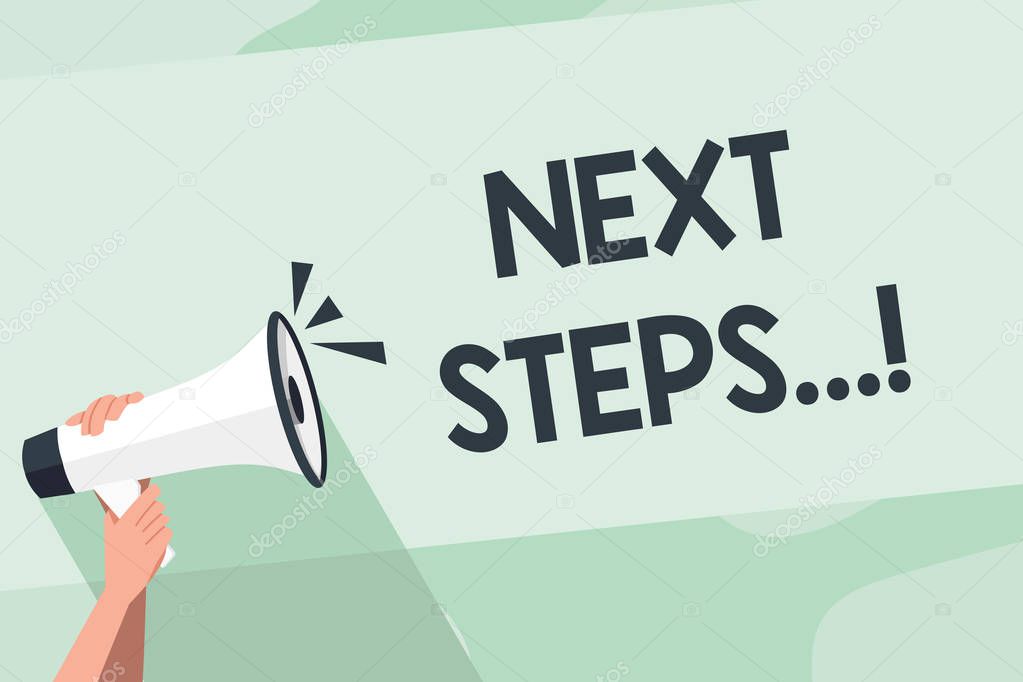 Texto de escritura de palabras Próximos pasos. Concepto de negocio para ...