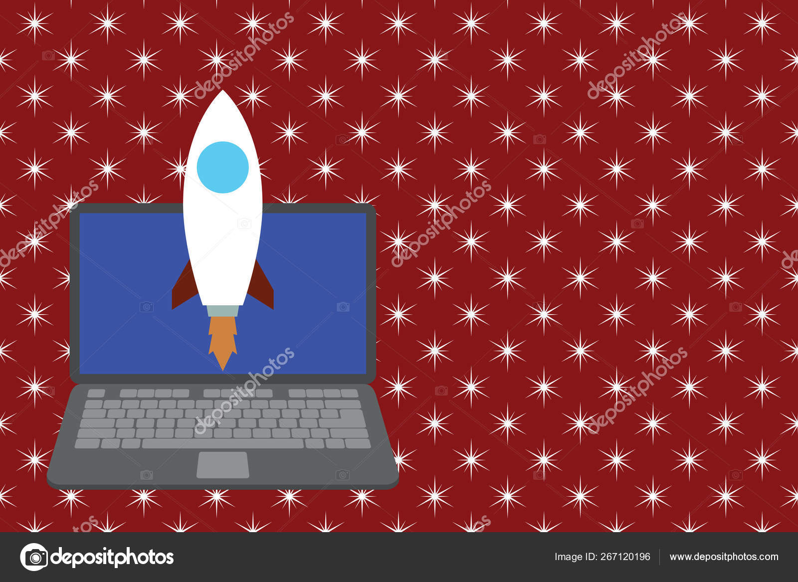 Launching rocket laptop upwards. Orbiting spacecraft portable computer ...