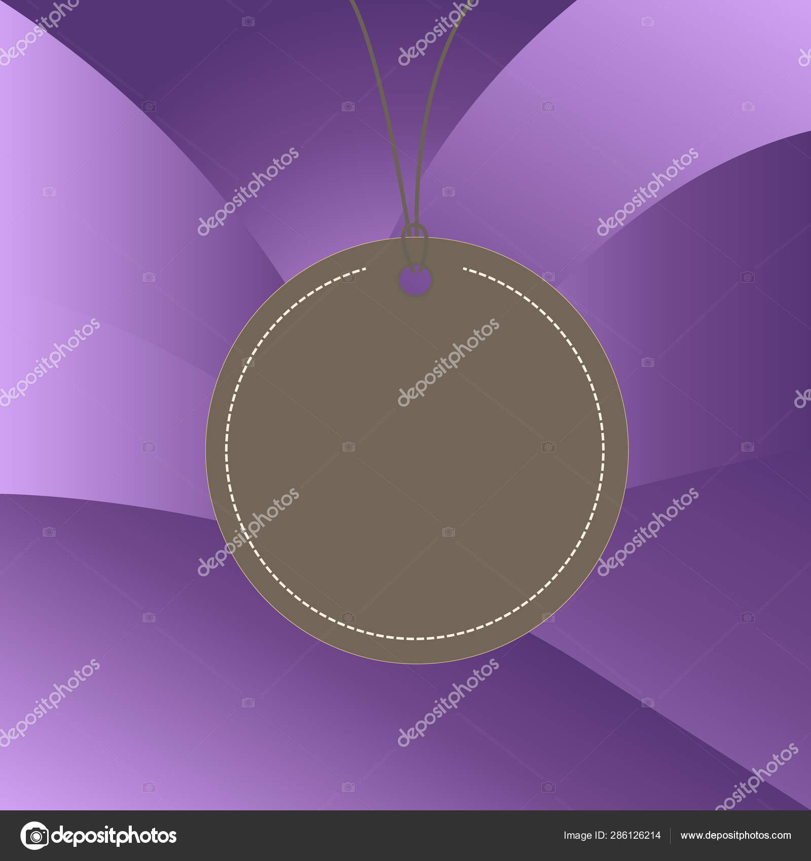 Circle shaped label attached by black string on the top. Colorful ...