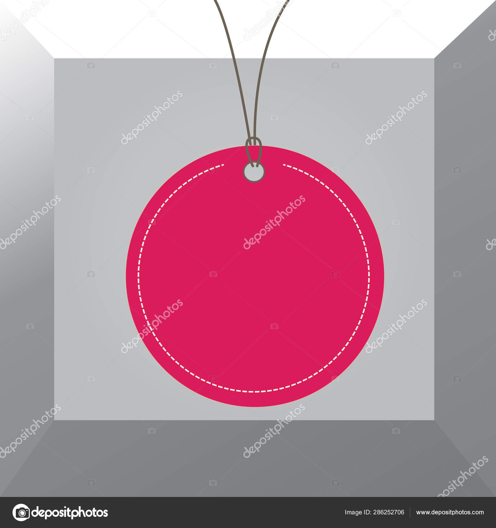 Circle shaped label attached by black string on the top. Colorful ...