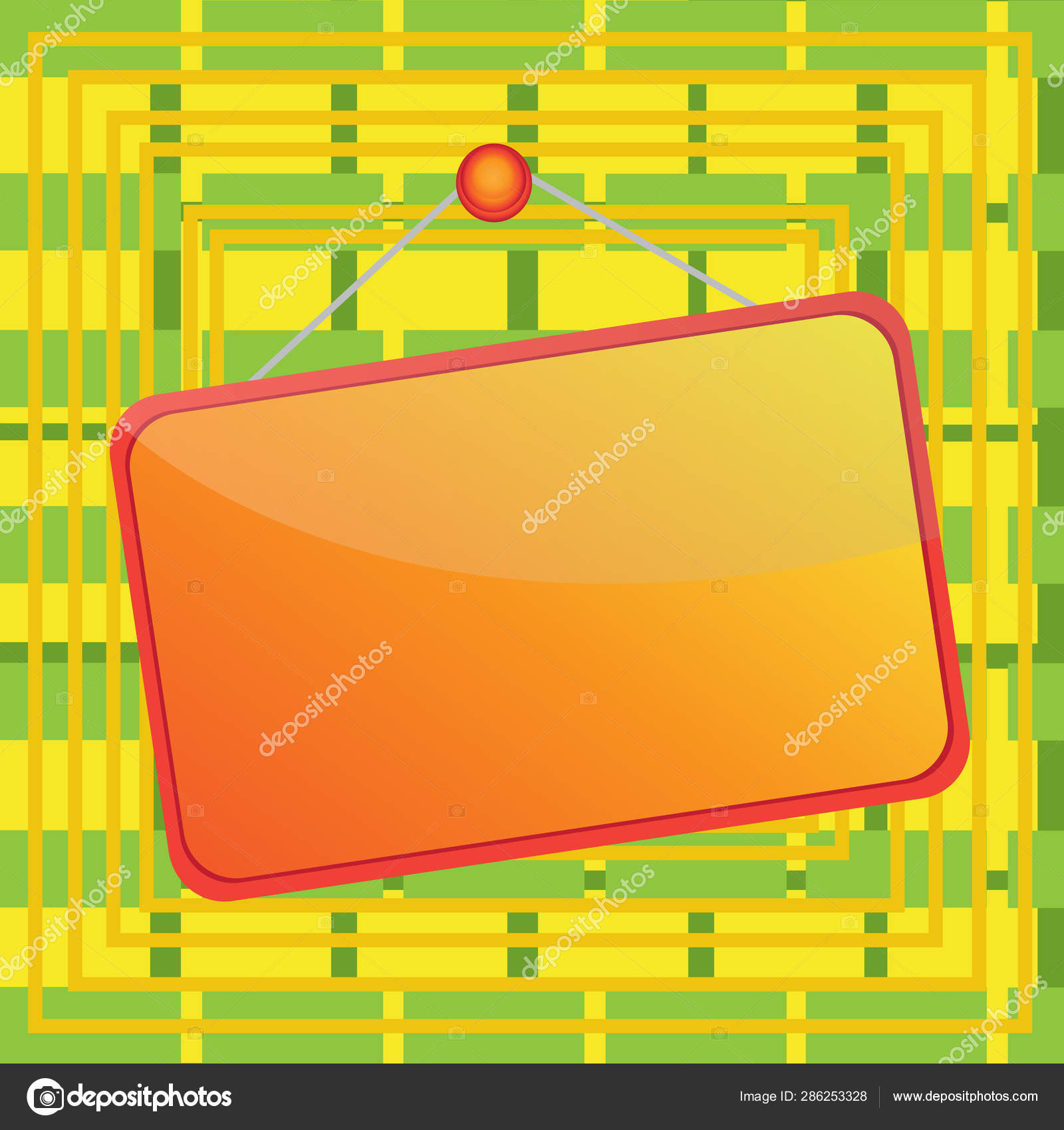 Hanging empty reminder. Colored square shaped note fixed on the surface ...