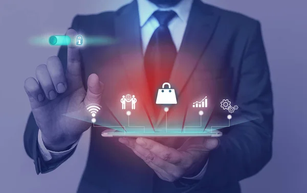 Male human presenting a presentation using the latest sophisticated ...